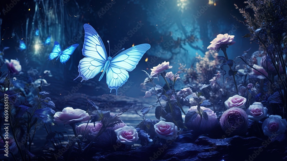 Fantasy Eustoma flowers garden and blue butterfly in enchanted fairy tale dreamy forest ...