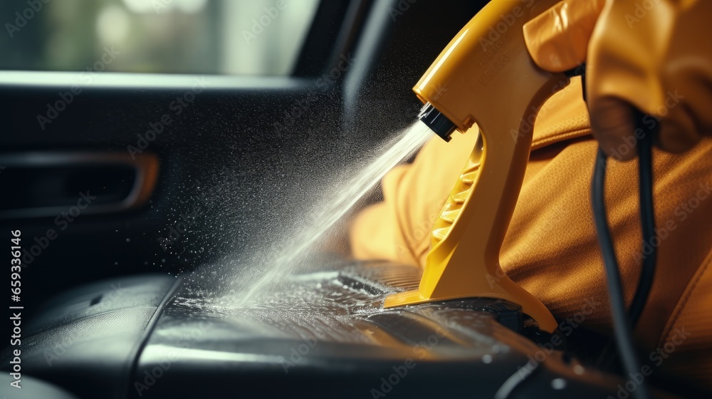 Car dry cleaner is using extraction machine for removing stains and ...