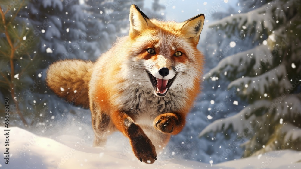 Red Fox jumping, Vulpes vulpes, wildlife scene from Europe. Orange fur ...