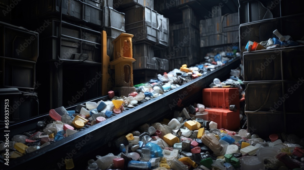 Cube of compressed plastic garbage on a conveyor belt at waste sorting ...
