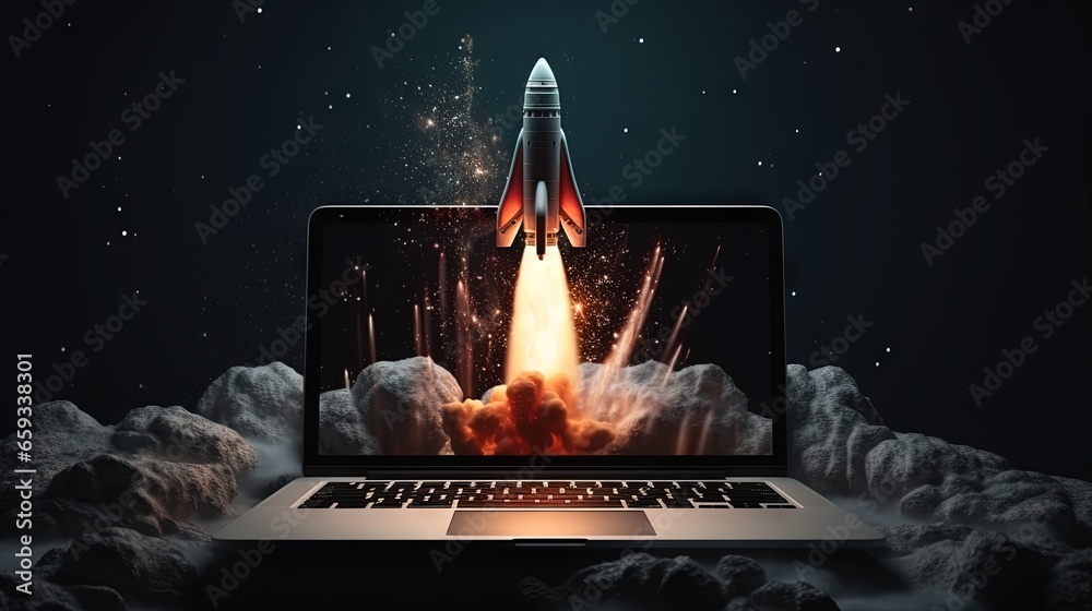 Startup concept with rocket flying out of laptop screen on black ...