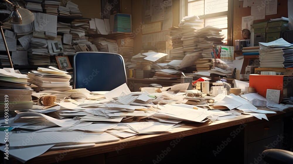 Messy office desk and table with piles of files and disorganized ...