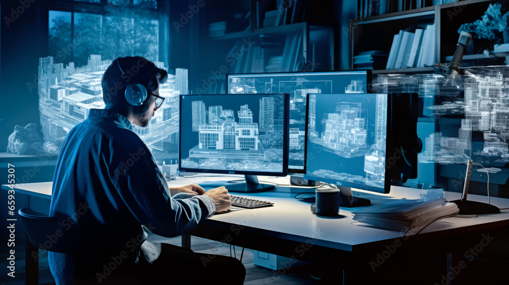 Architect working in blueprints whit innovative technology design ...