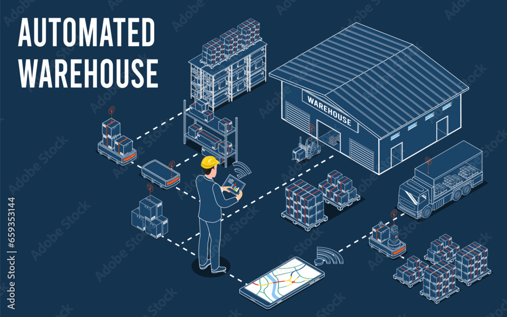 3D isometric Automated Warehouse Robots and Smart warehouse technology ...