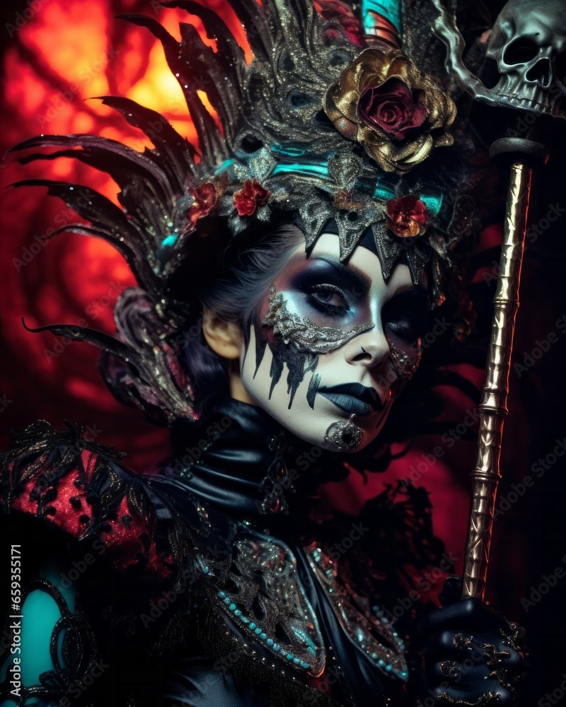 A psychedelic mask evoking the spirit of halloween art and horror hangs ...