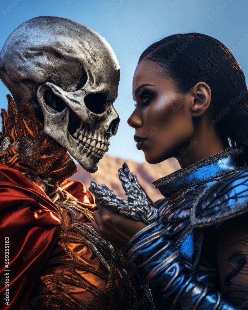 A mysterious woman stands amidst a psychedelic sky wearing a halloween ...