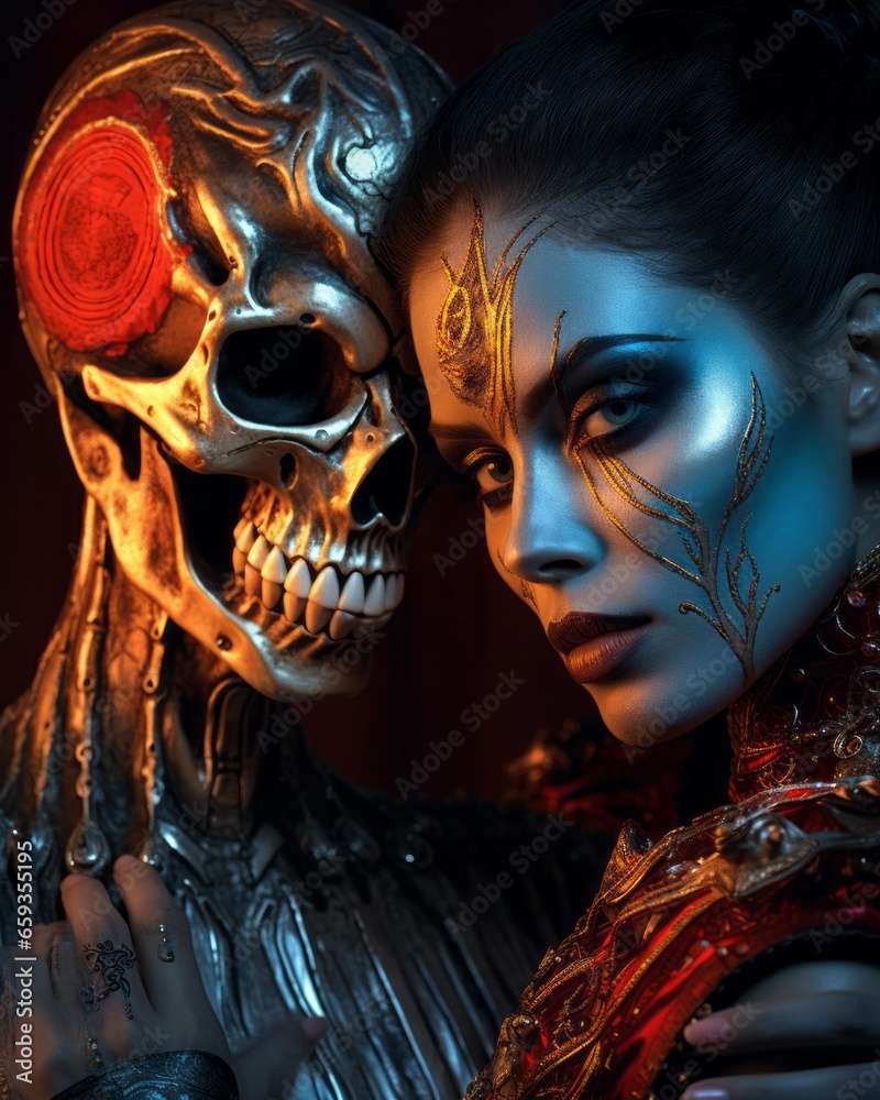 A mesmerizingly macabre figure stands before us, adorned in psychedelic ...