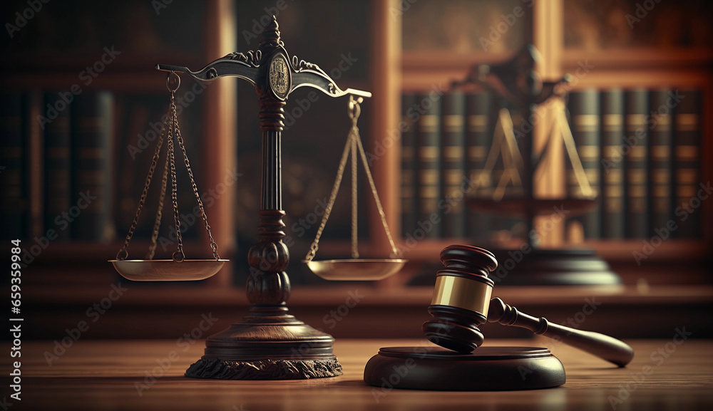 Iconic scene of justice: gavel and scales in the court hall ...