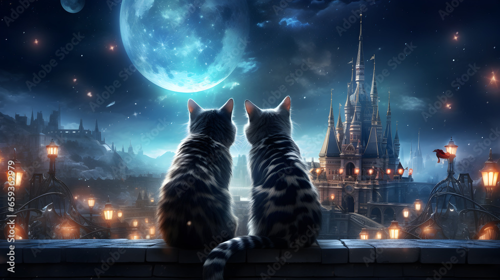 Cute fantasy cat wallpaper background image. Stock Illustration | Adobe ...