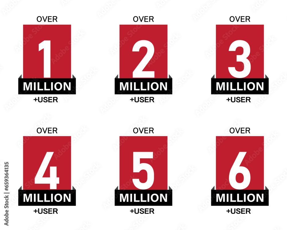 1, 2, 3, 4, 5 and 6 million users sticker stamp set in red. Over 1 ...