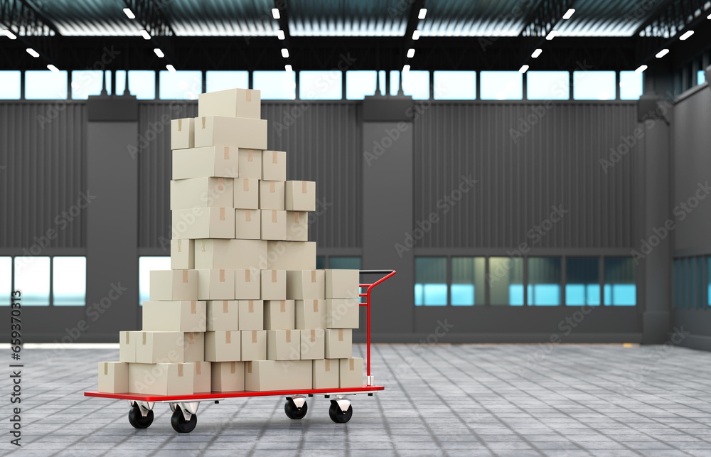 Warehouse cart with boxes. Bunch parcels in hangar. Industrial building ...
