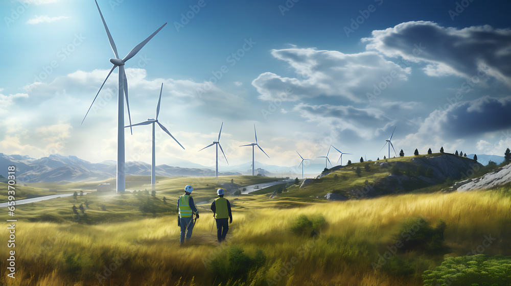 environmental workers in a wind power generation field, collaborating ...