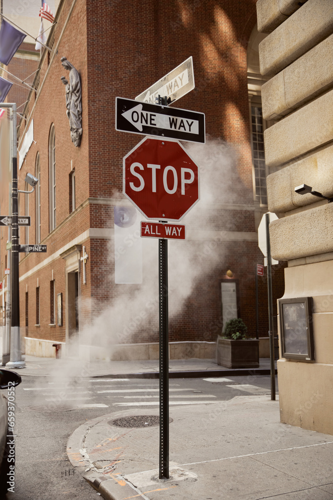 road signs near steam and vintage buildings in downtown of new york ...