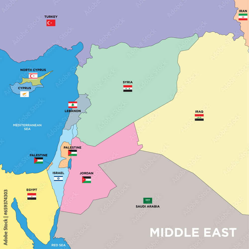 Middle East, stylized map with flags and state borders, vector ...