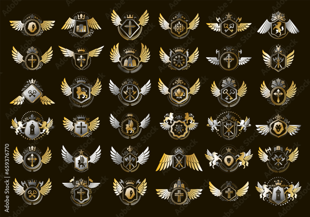 Vintage heraldic emblems vector big set, antique heraldry symbolic ...