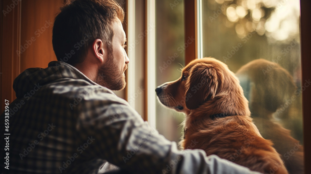 A picturesque moment of a pet owner and their dog gazing out of a ...