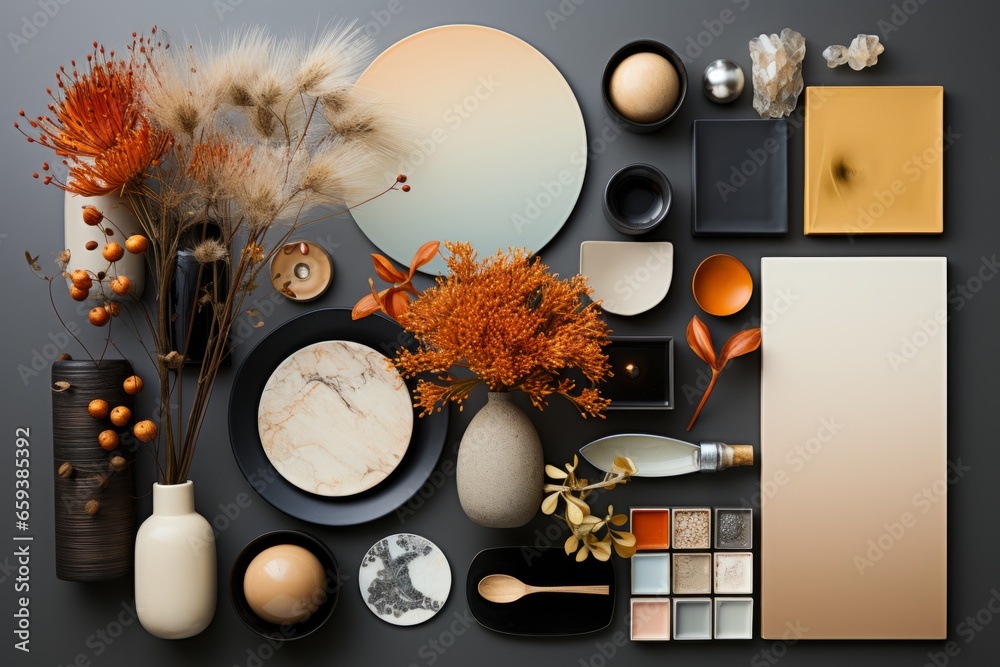 Home staging kit with furniture swatches, decor items, and design plans ...