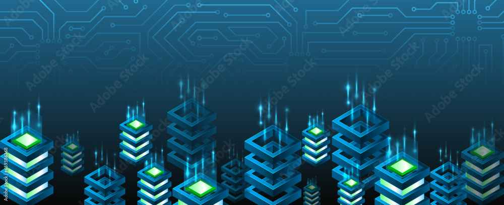 Cloud technology isometric background. Computer technology, server room ...