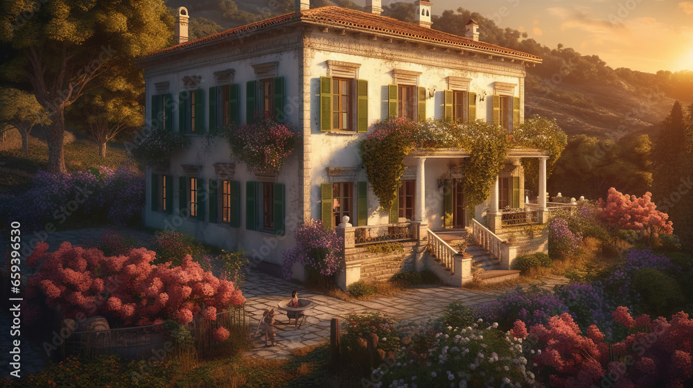 Beautiful old times Italian villa covered in foliage and flowers ...