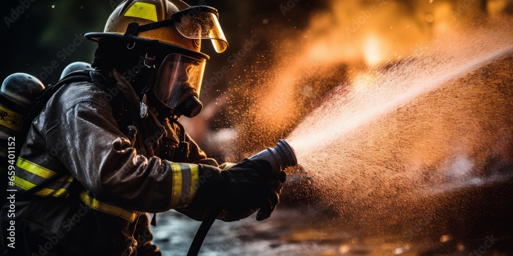 face closeup portrait shot of focus concentrate firefighter reaching ...