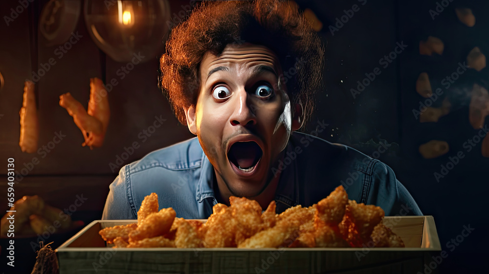a Surprised expression crate a funny man eating pieces of fried chicken ...