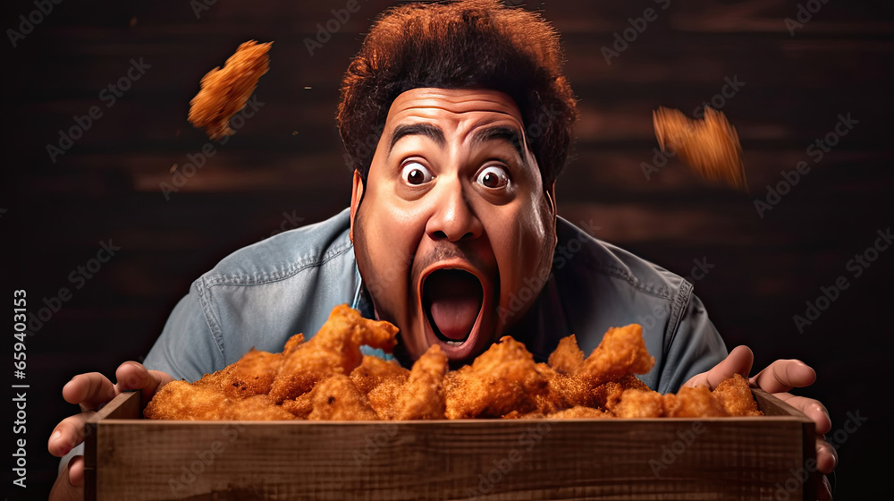 a Surprised expression crate a funny man eating pieces of fried chicken ...