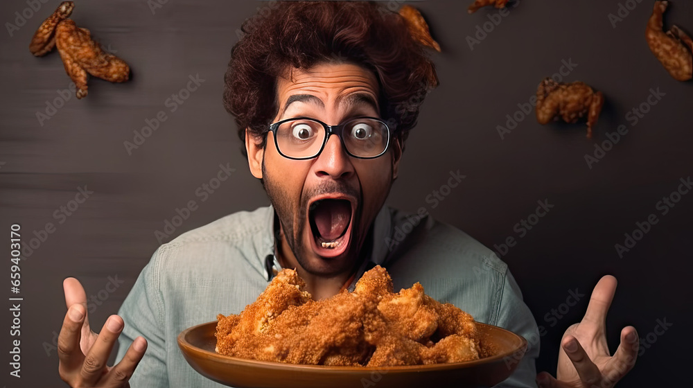 a Surprised expression crate a funny man eating pieces of fried chicken ...