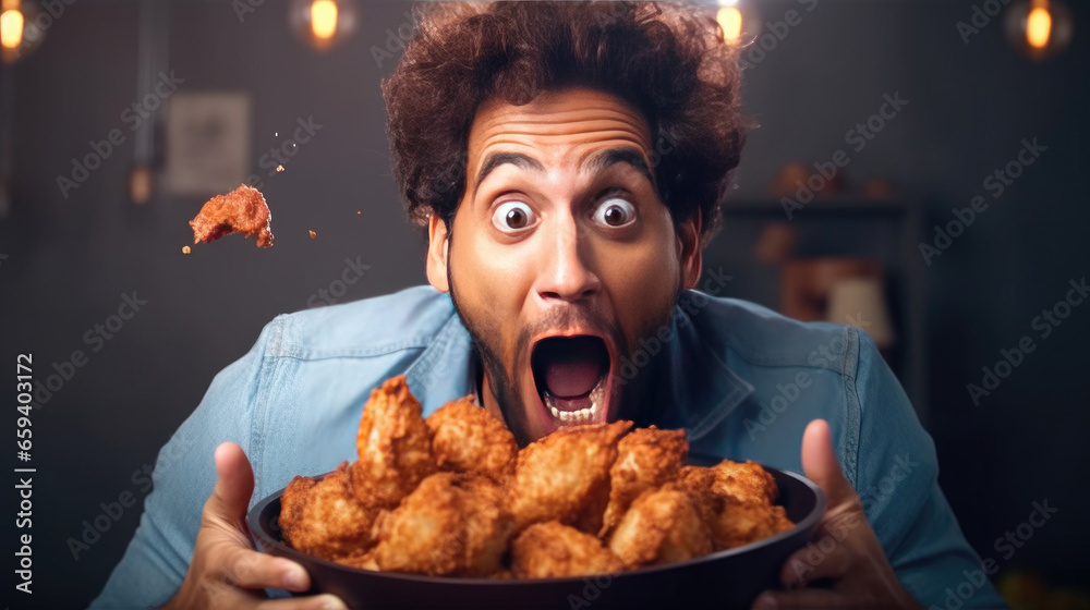 a Surprised expression crate a funny man eating pieces of fried chicken ...