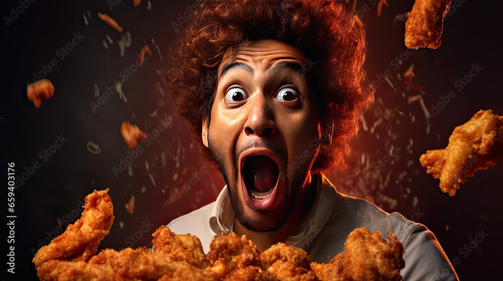 a Surprised expression crate a funny man eating pieces of fried chicken ...