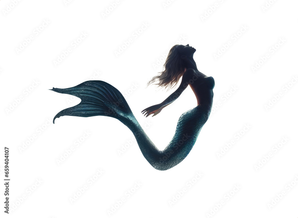 Sensual back lit mermaid queen of the ocean goddess swimming gracefully ...