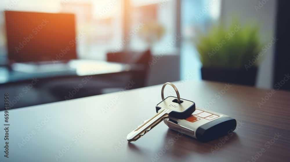 Generative AI, Keys on the table in new apartment, house or hotel room ...