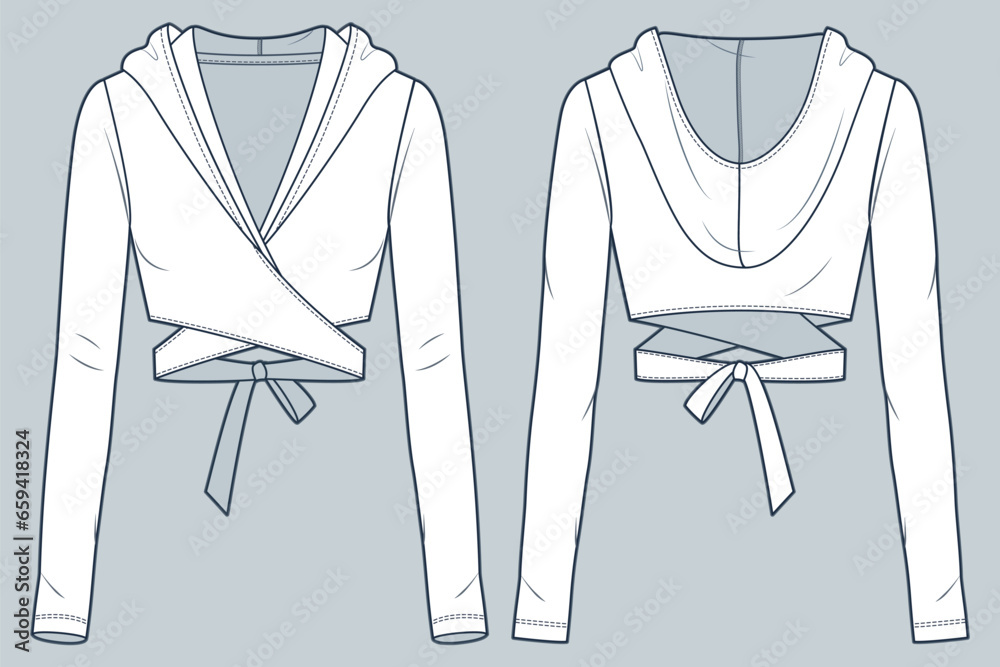 Hooded Crop Jacket technical fashion illustration. Wrap Crop Top ...