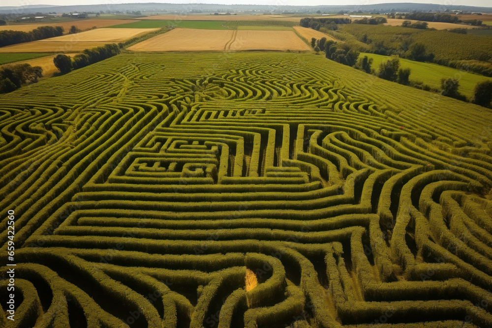 Huge fence maze. Aerial view of big fence field with many pathways ...