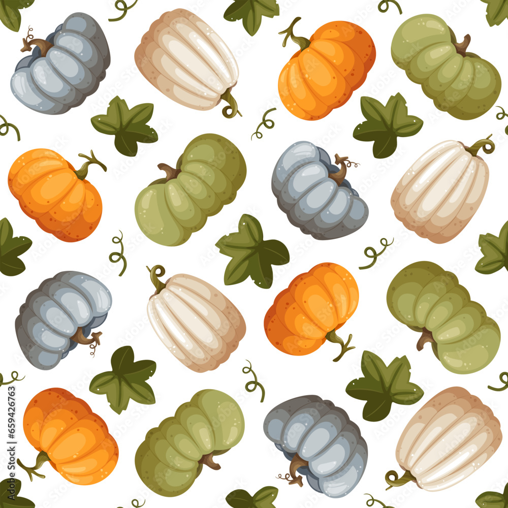 Fall seamless pattern with pumpkins on wite background. Use as ...