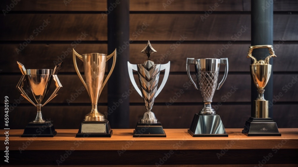 A collection of trophies lined up on a shelf, each showcasing the ...