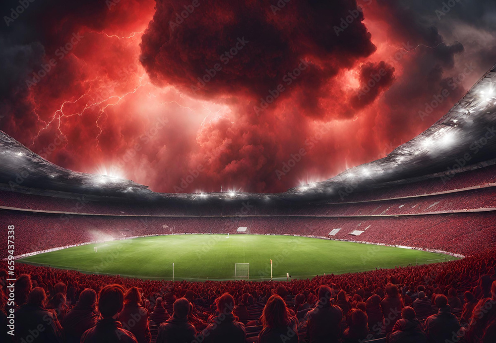 Fiery Atmosphere at Football Stadium, Red Smoke Spectacle Over Soccer ...