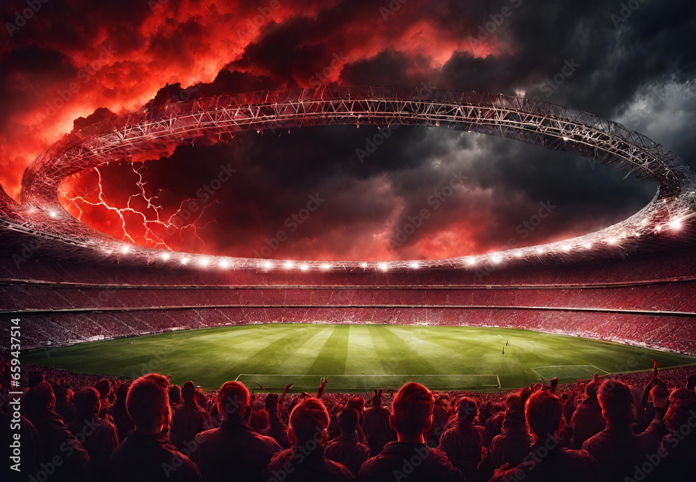Fiery Atmosphere at Football Stadium, Red Smoke Spectacle Over Soccer ...