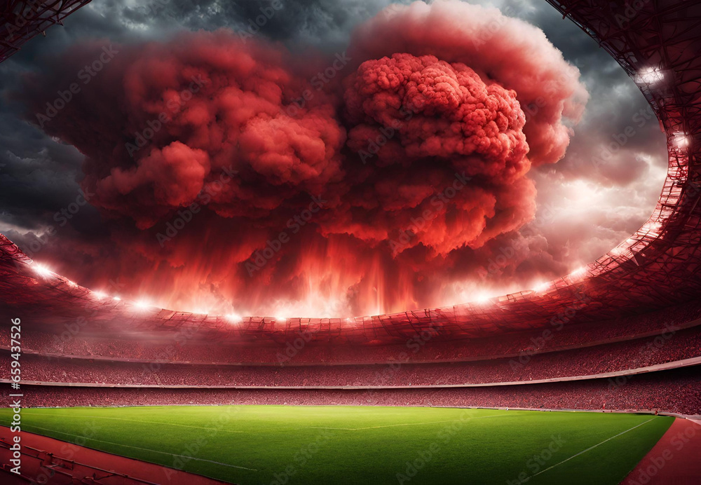 Fiery Atmosphere at Football Stadium, Red Smoke Spectacle Over Soccer ...