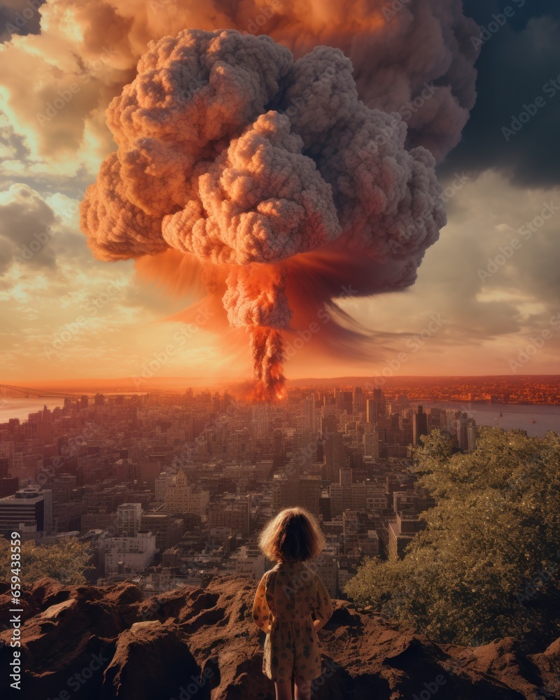 As the fiery volcano erupted against the vibrant sunset sky, a woman ...