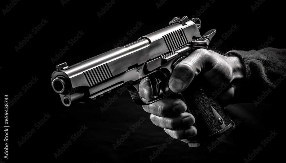Hand holding semi automatic pistol aiming at target, black background ...
