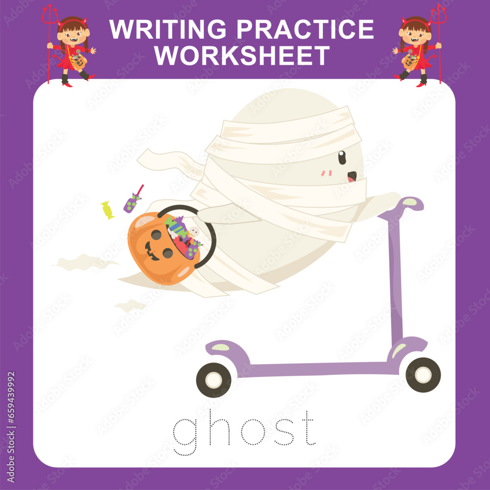 Writing practice worksheet for kids with Halloween festival theme, a ...