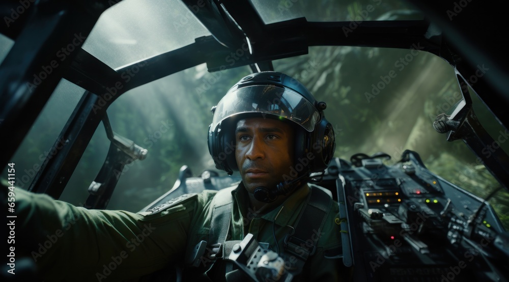 A daring aviator embraces the freedom of the open sky, his pilot's ...