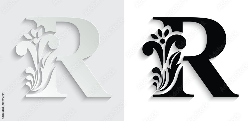 letter R. Black flower alphabet. Beautiful capital letters with shadow ...