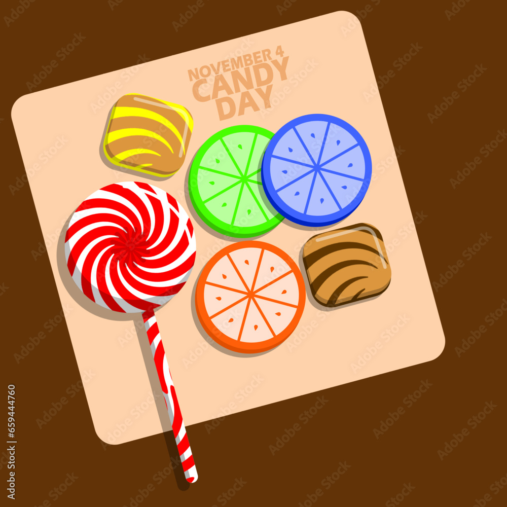 Various types of candy such as lollipop, fruit flavored candies and ...