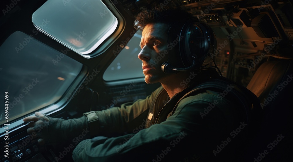 Amidst the sleek controls and flashing lights of the cockpit, a pilot ...