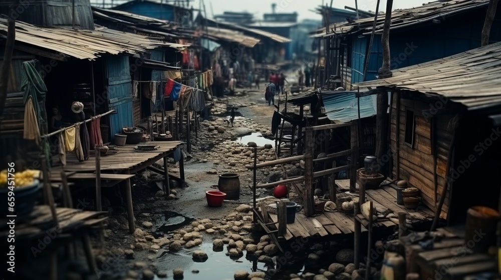 Income inequality, a view of a slum with dilapidated shanty houses ...