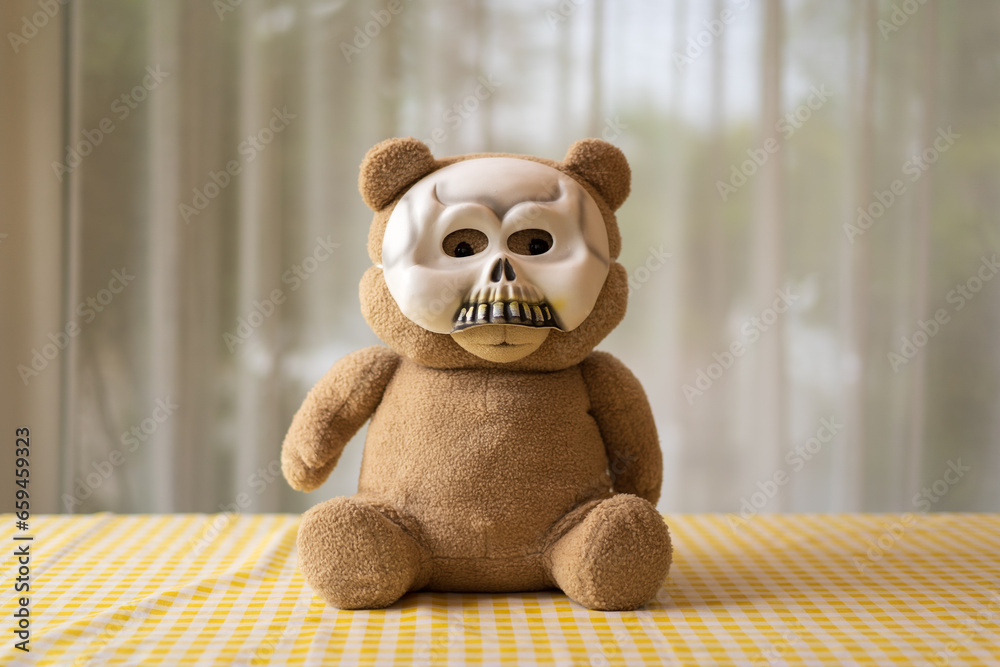 brown cute soft fur teddy bear wearing ghost skull mask for Halloween ...