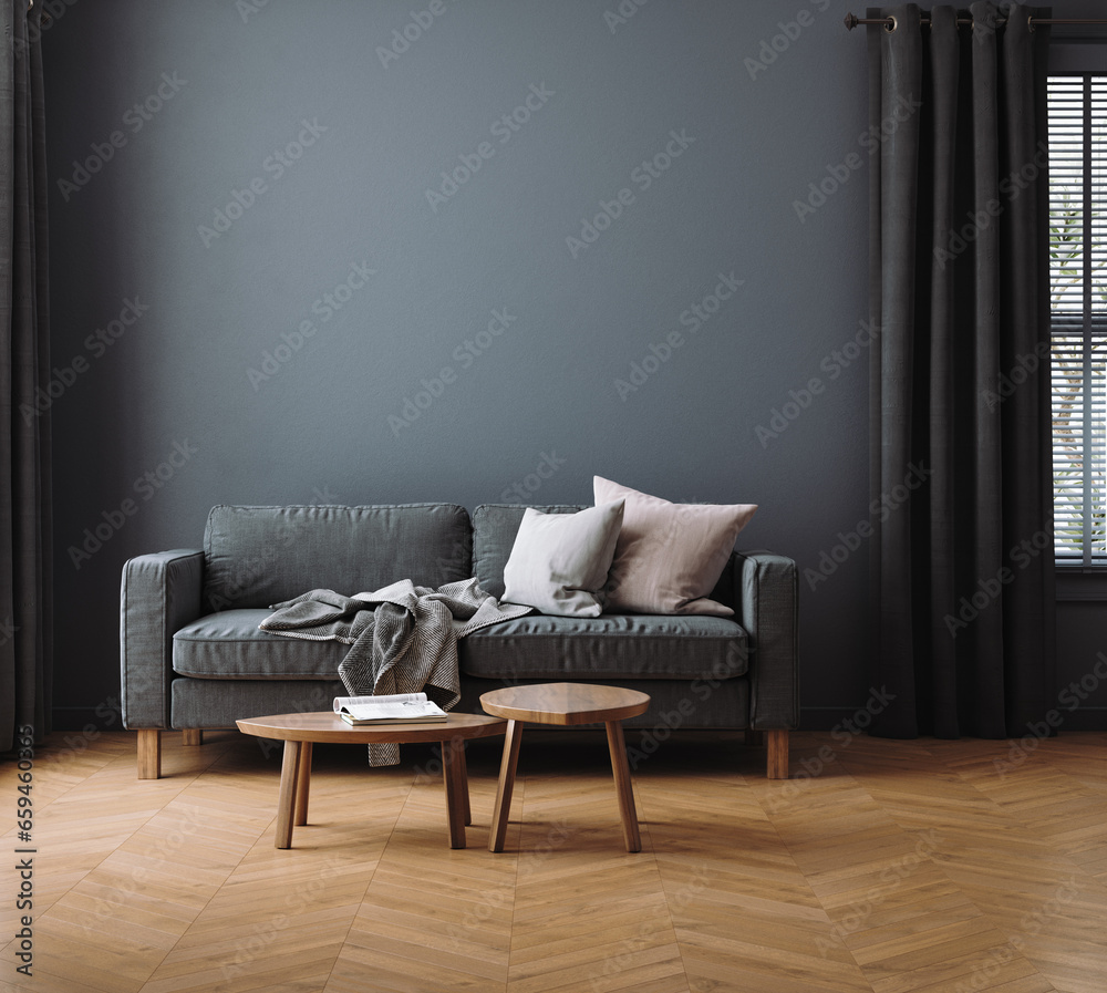 Cozy dark living room interior background, 3d render Stock Illustration ...