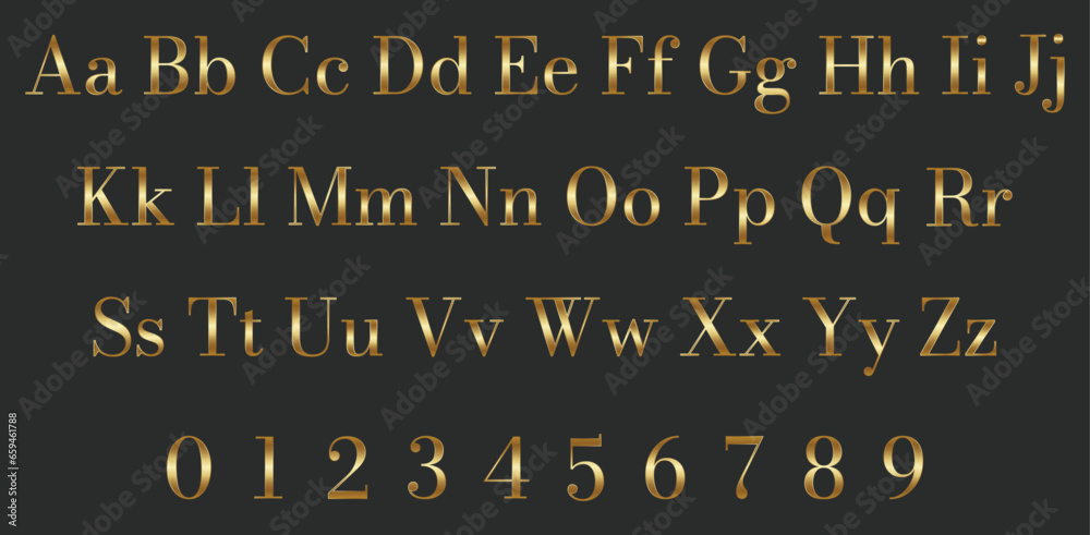 Set of gold metallic colored gradient letters and numbers. Versatile ...