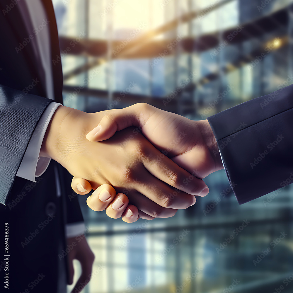 Male and female handshake in empty business space. Businessman and ...